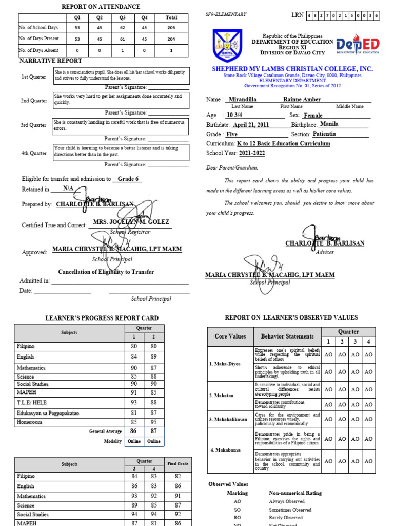 E-Report Card - Mirandilla, Amber | PDF