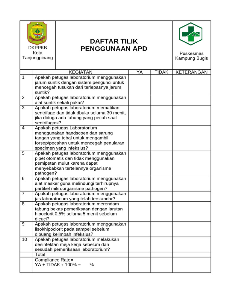 Daftar Tilik Penggunaan Apd | PDF