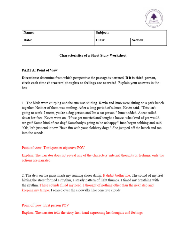 Short Story Characteristics Worksheet | PDF | Narration