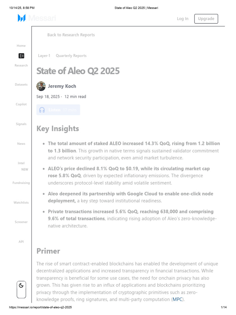 State of Aleo Q2 2025 - Messari | PDF | Cloud Computing | Governance