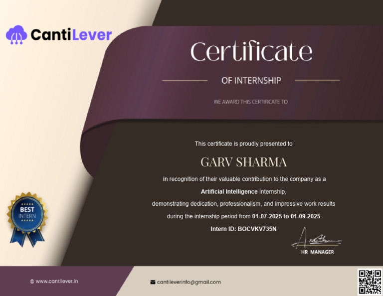 AI Internship Certificate for Garv Sharma | PDF
