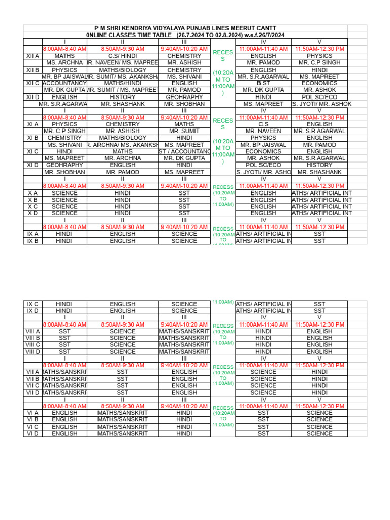 Online Classes Time Table (26 July 2024 To 02 August 2024) - 1 | PDF ...