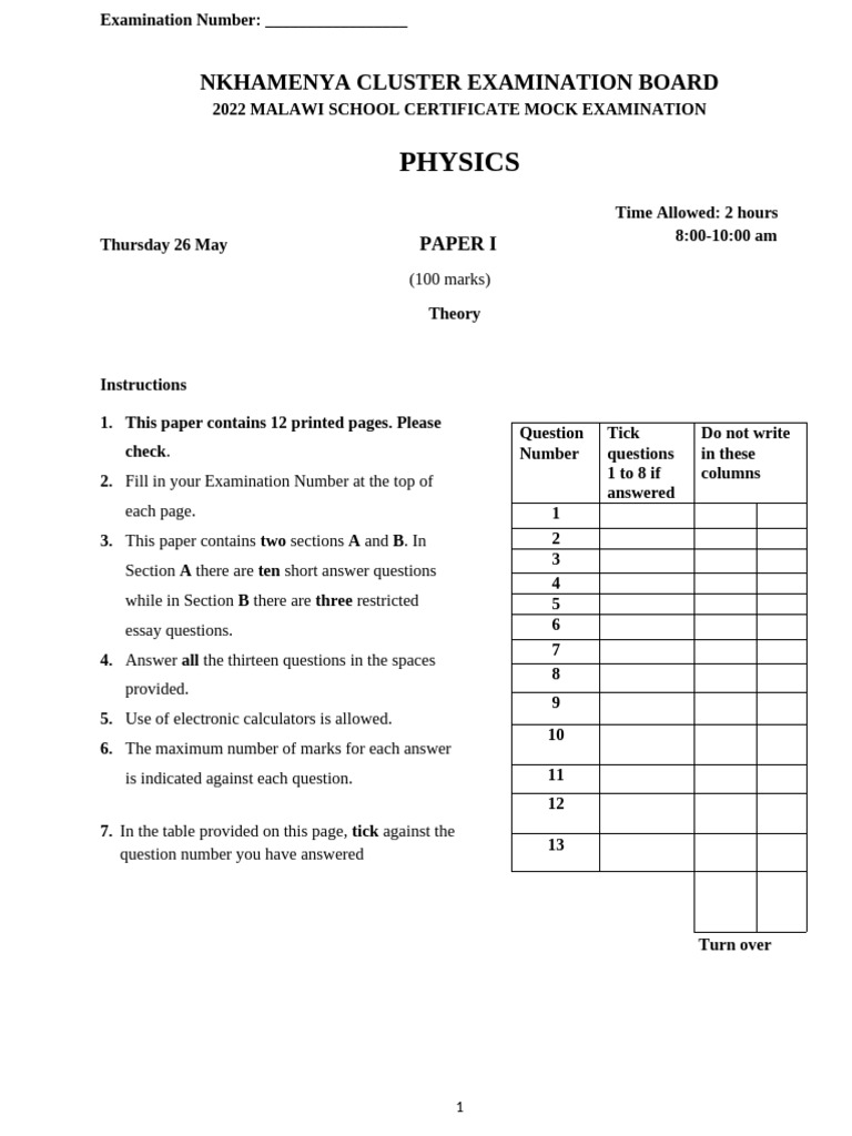 2022 Msce Mock Physics Paper I | PDF | Inductor | Acceleration