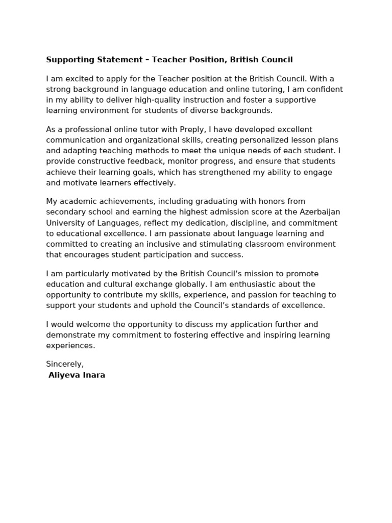 Supporting Statement - Teacher Position | PDF
