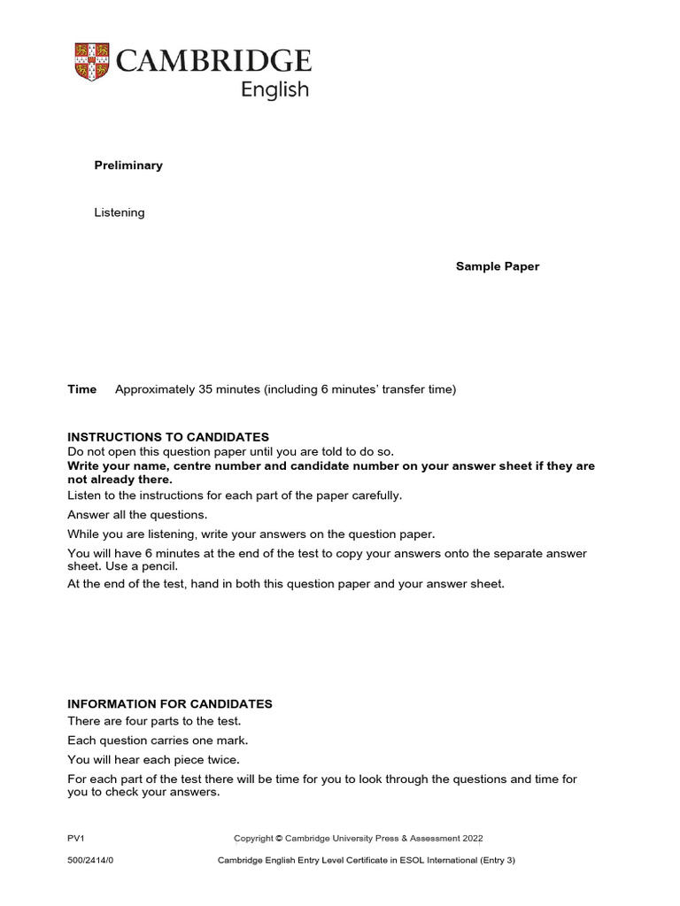 B1 Preliminary 2022 Sample Listening - Question Paper PDF | PDF | Swimming