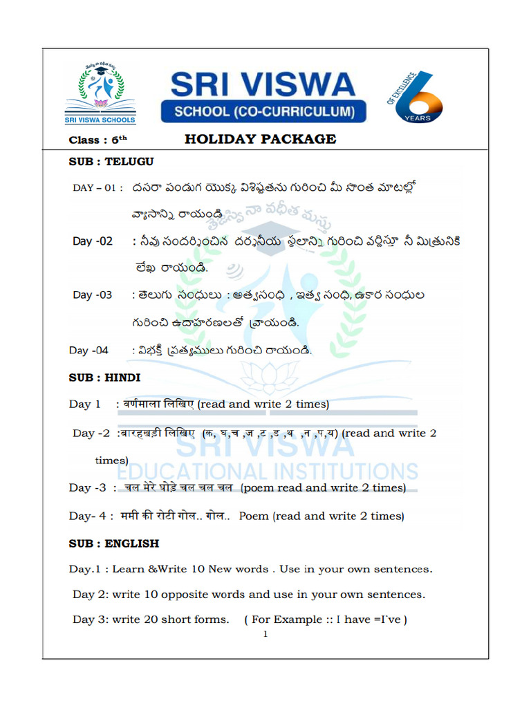 6th Class Holiday Package | PDF