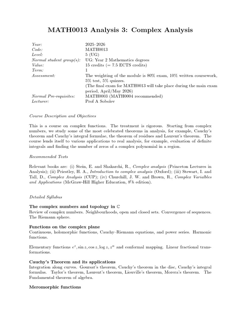 MATH0013: Complex Analysis Course Outline | PDF | Complex Analysis ...