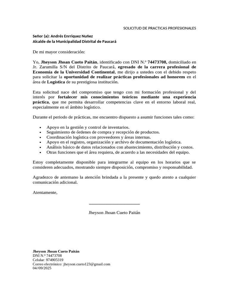 Solicitud de Practicas Profesionales | PDF
