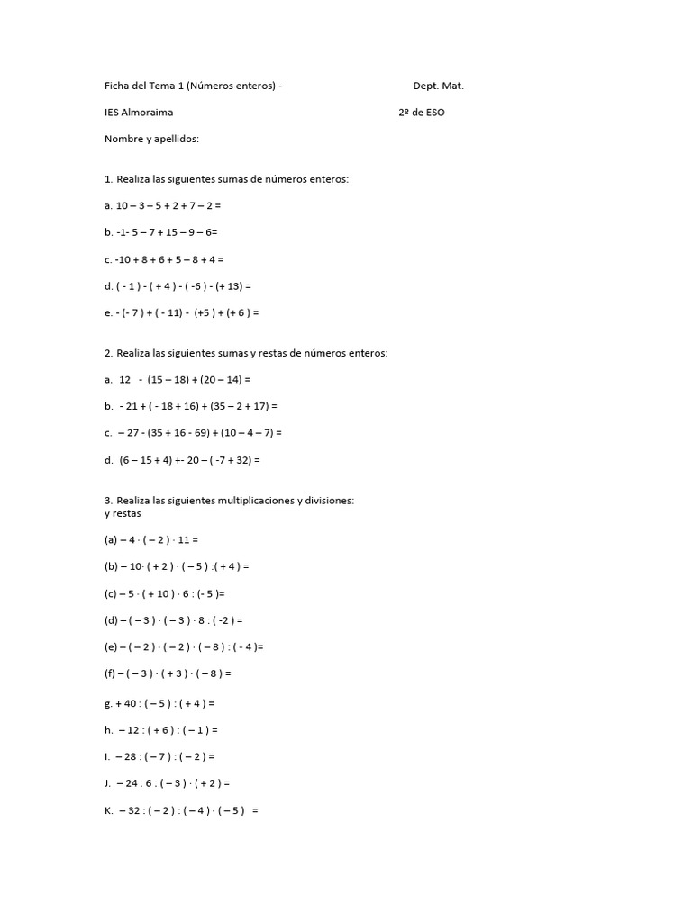 Fich de Operaciones Combinadas de N-Meros Enteros | PDF