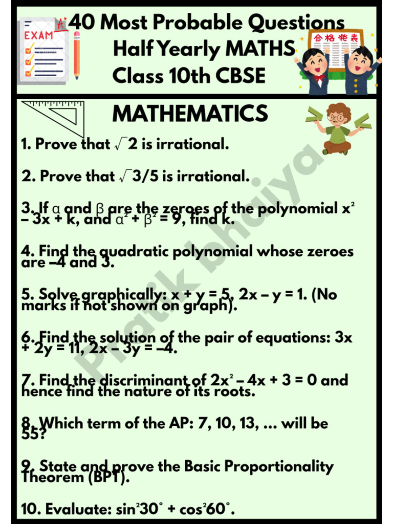 Top 40 Question For Half Yearly Maths Class 10 | PDF