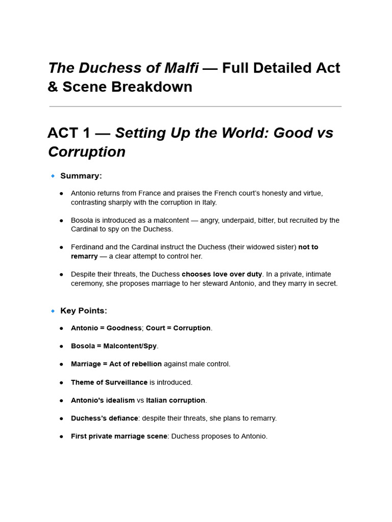 The Duchess of Malfi: Act & Scene Analysis | PDF | Revenge | Courage