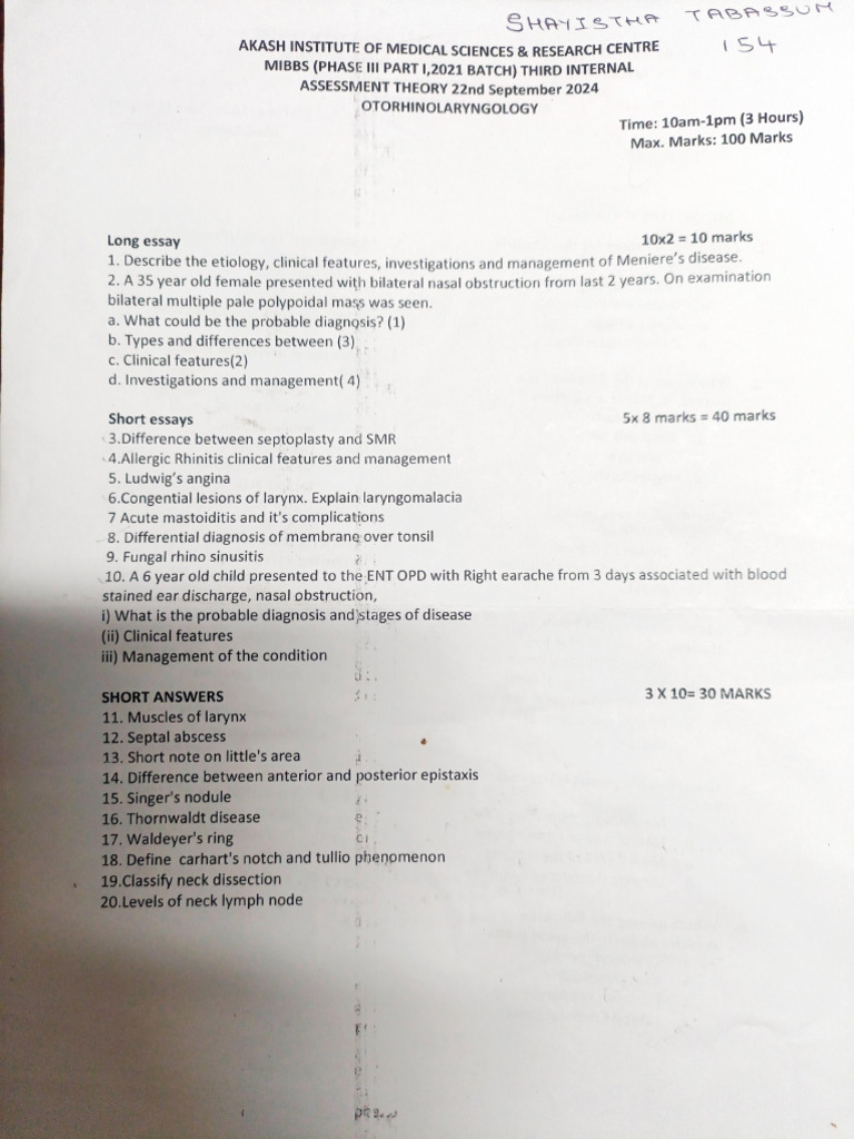 Otolaryngology Internal Assessment 2024 | PDF | Ophthalmology | Human Eye