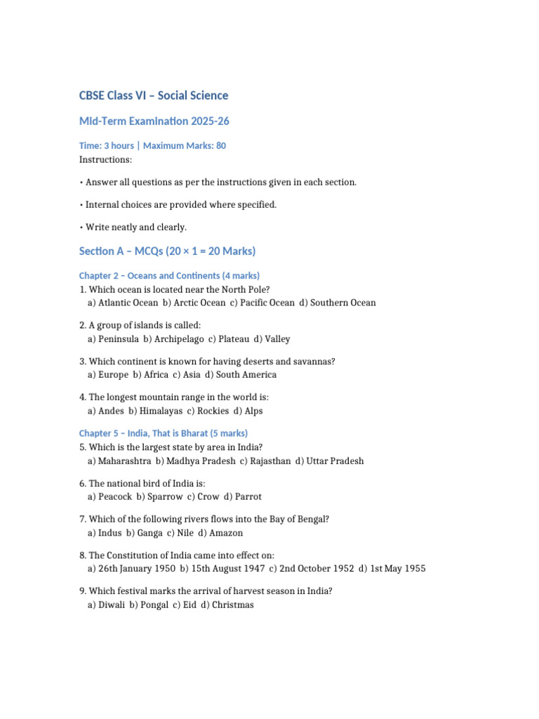 CBSE Class VI Social Science Exam Guide | PDF | Earth Sciences