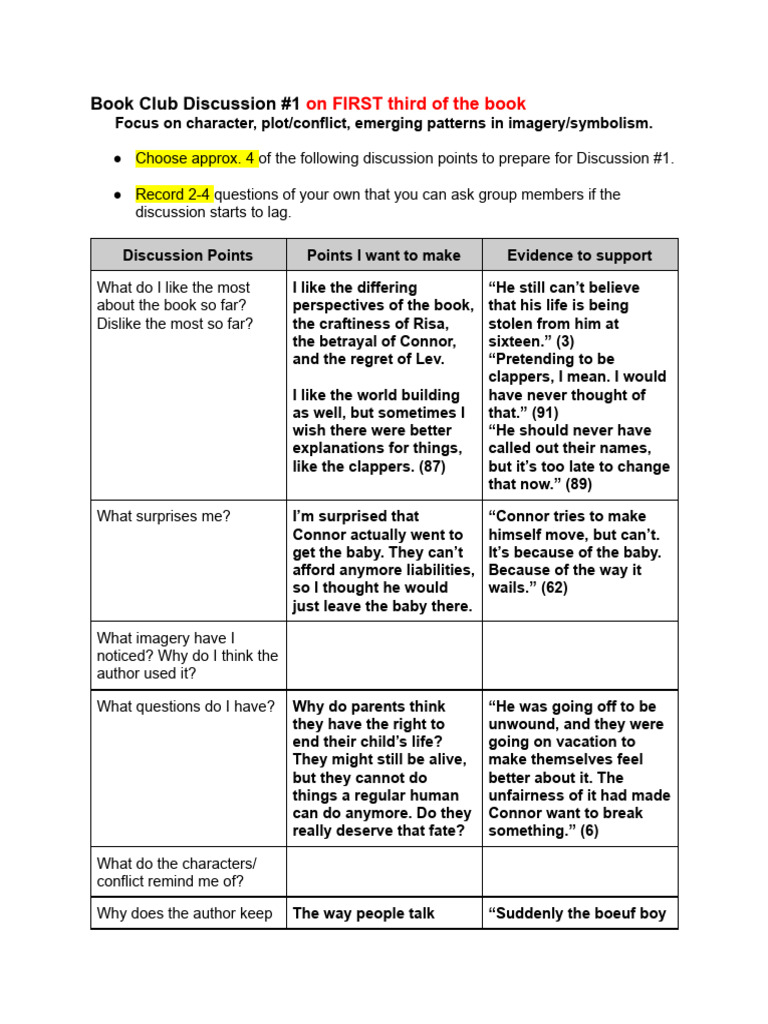 Book Club Discussion#1 Prep Sheet | PDF