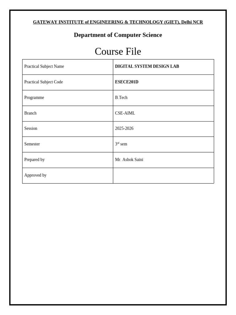 Course File - DSD Lab-AIML | PDF | Engineering | Vhdl