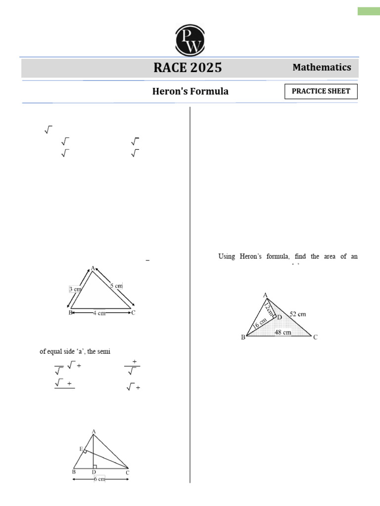 Heron's Formula - Practice Sheet - RACE 2025 | PDF | Area | Triangle