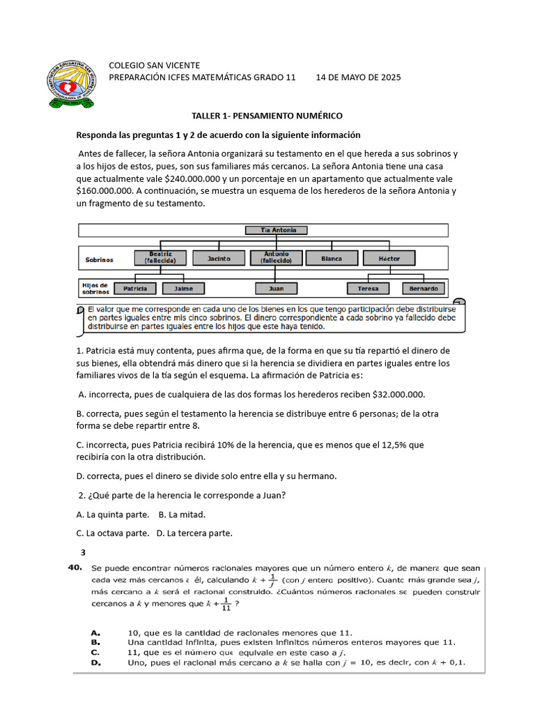 TALLER ICFES No. 1PENSAMIENTO NUMÉRICOdocx | PDF