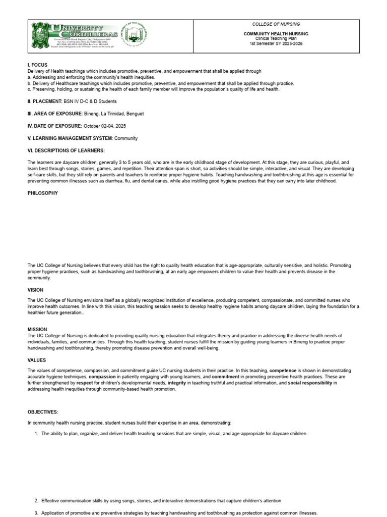 Clinical Teaching Plan Daycare Bineng PDF | PDF | Hand Washing | Learning