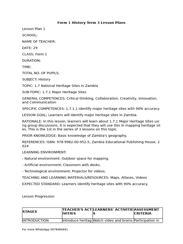 Form 1 History Term 3 Lesson Plans | PDF | Lesson Plan | Teachers
