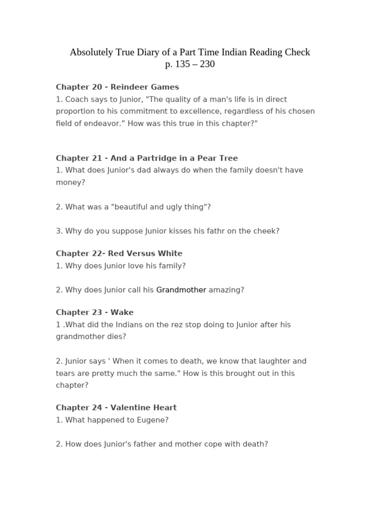 Absolutely True Diary of A Part Time Indian Reading Check | PDF