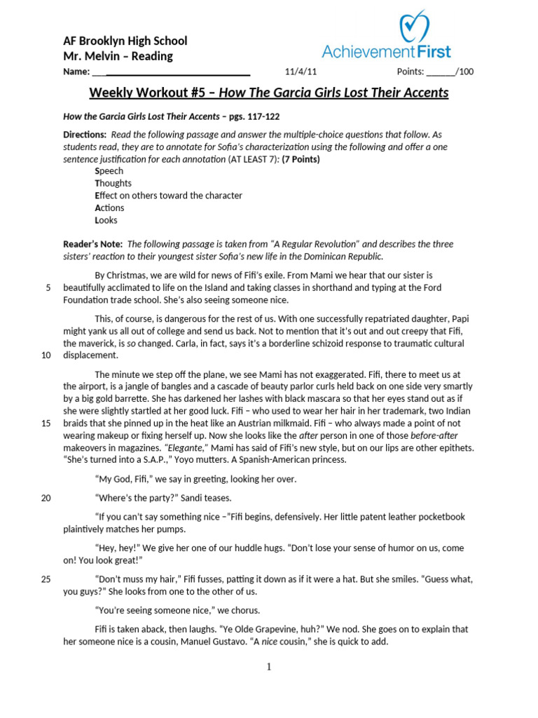 Formative Assessment 2 of 3 - How The Garcia Girls Lost Their Accents | PDF