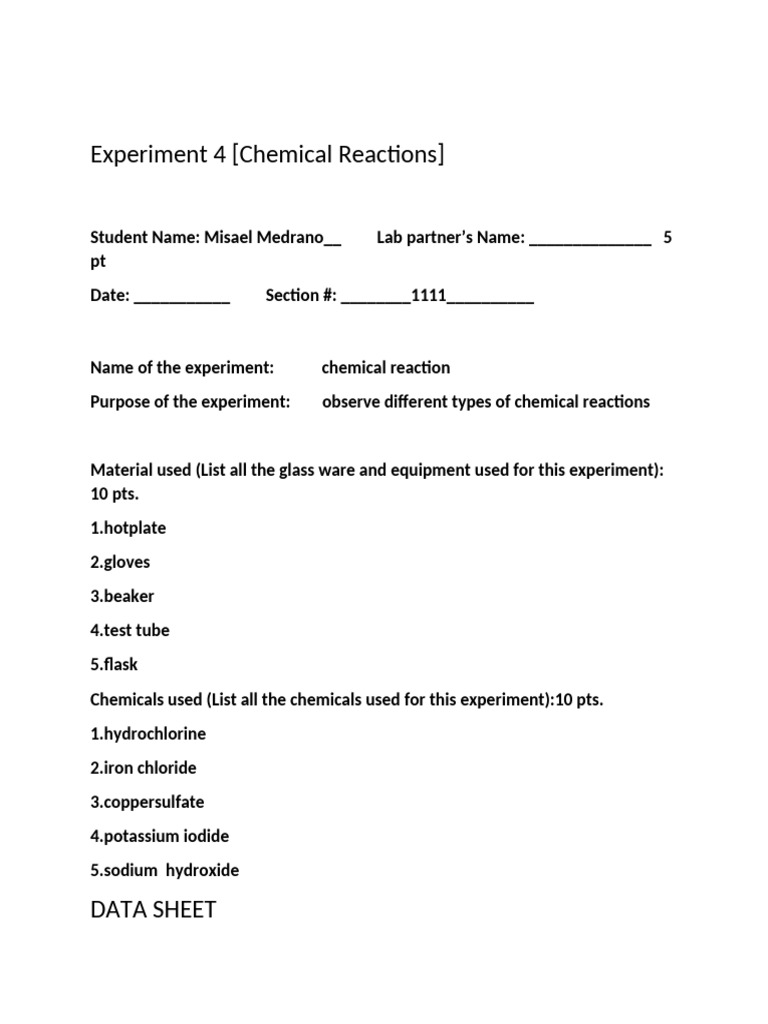 Exp 4 (Chemical Reactions) Lab Report 4 - Nosheen Javed-Spring 2025 ...