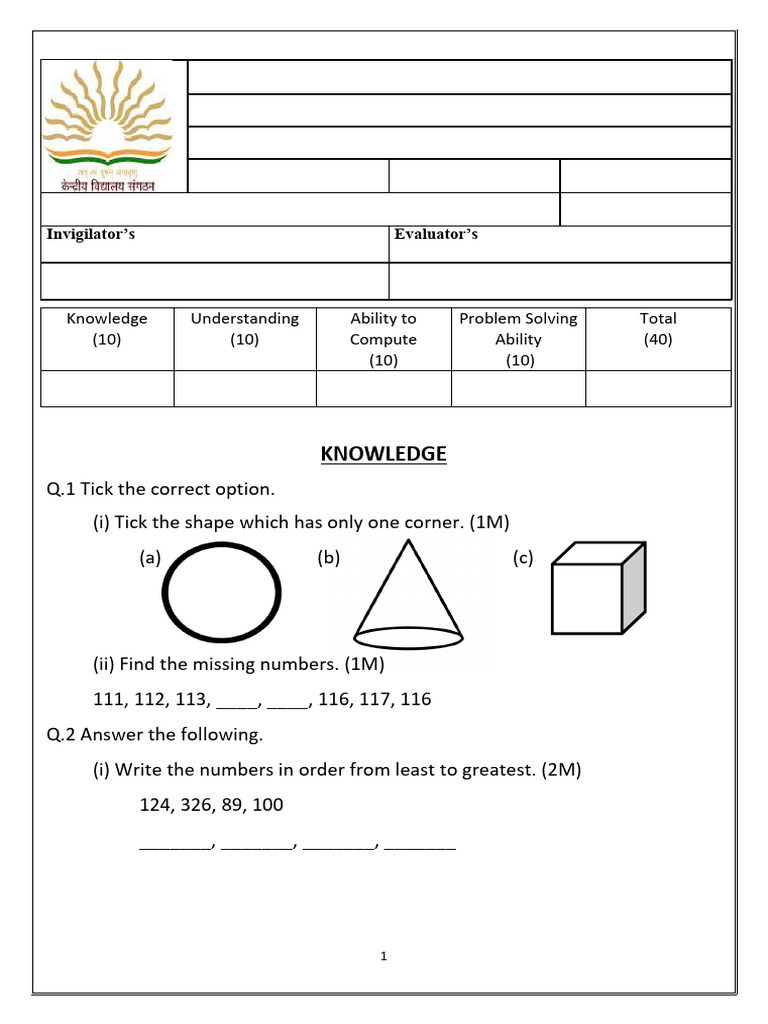 Class 3 Maths Half-Yearly Exam 2024 | PDF | Geometric Shapes ...