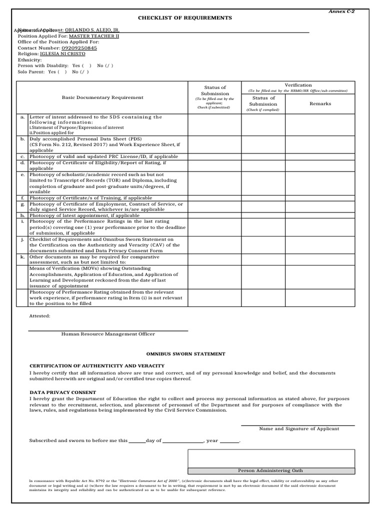 Annex C-Checklist of Requirements and Omnibus Sworn Statement | PDF