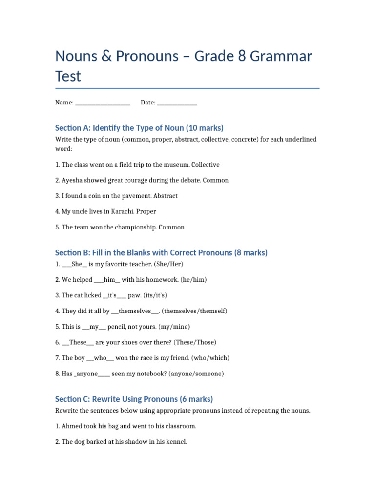 Grade 8 Nouns & Pronouns Test | PDF