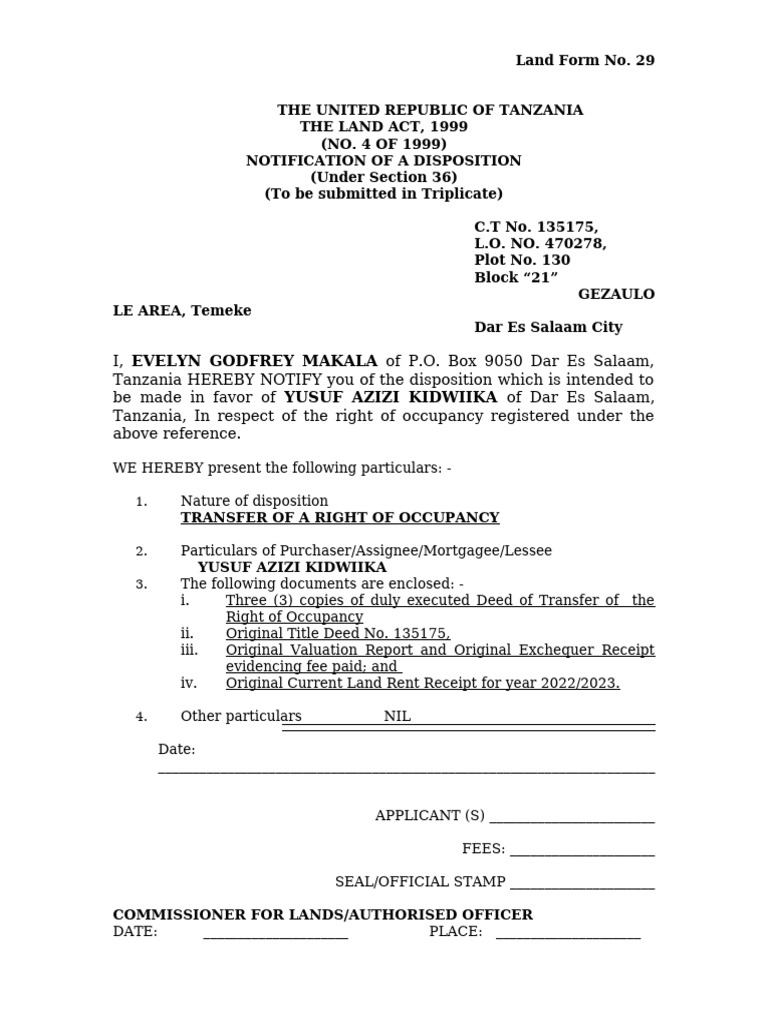 Land Form No 29&30 - Yusuf Azizi Kidwiika | PDF | Legal Documents ...