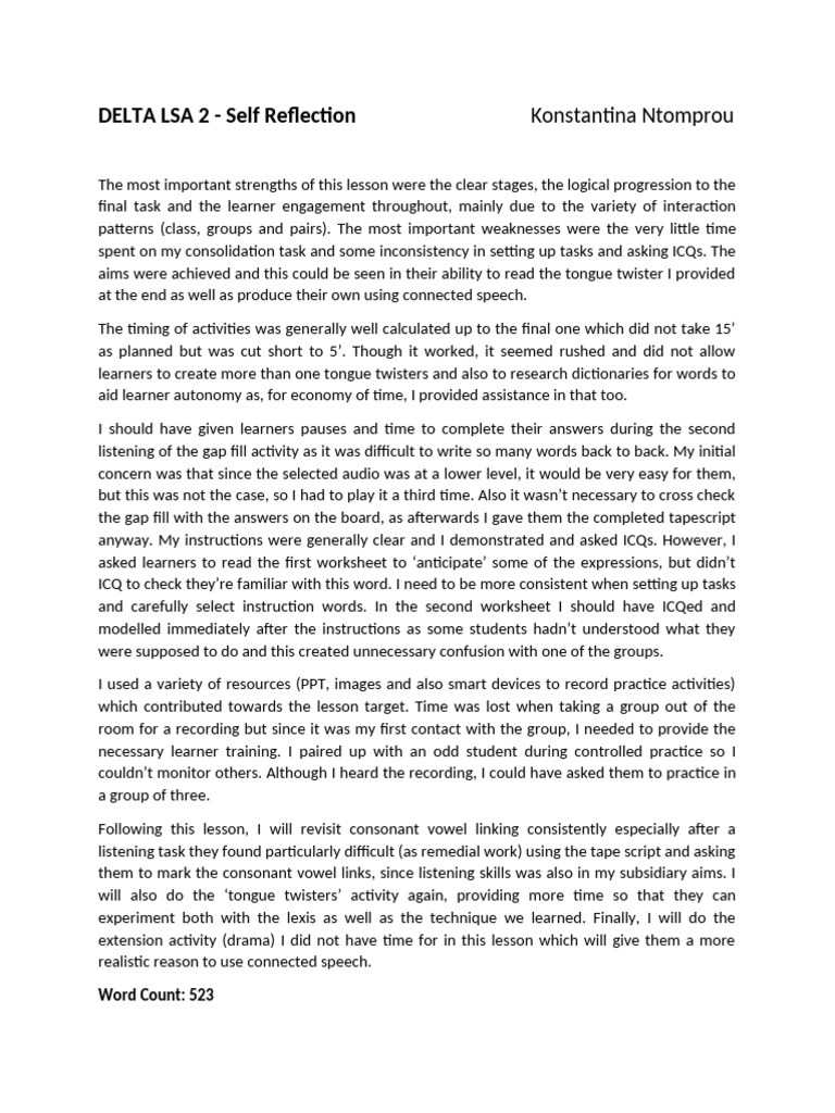 Delta LSA 2: Lesson Reflection Insights | PDF | Cognition | Human ...