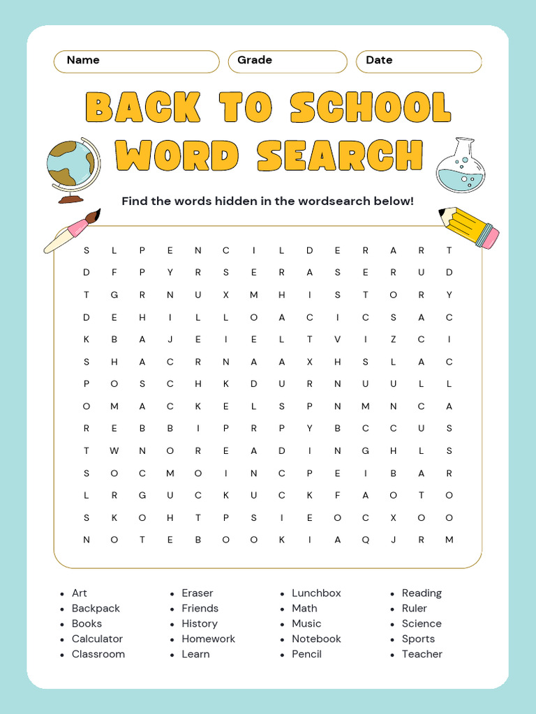 Back To School Word Search Printable Worksheet in Blue, Yellow and Pink ...