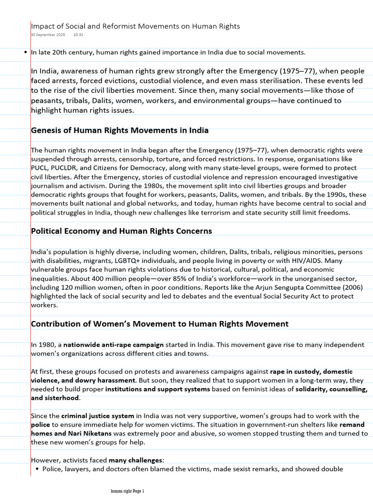 Evolution of Human Rights Movements in India | PDF | Sexual Harassment ...
