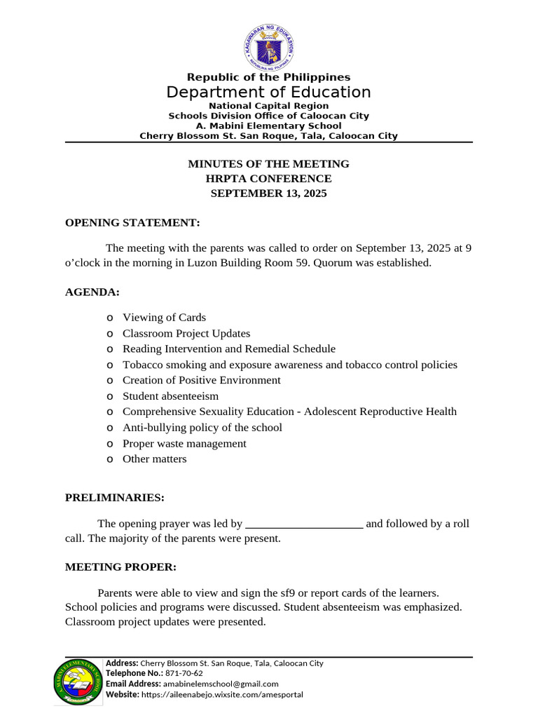 Sample Minutes of the Meeting | PDF | Human Sexuality