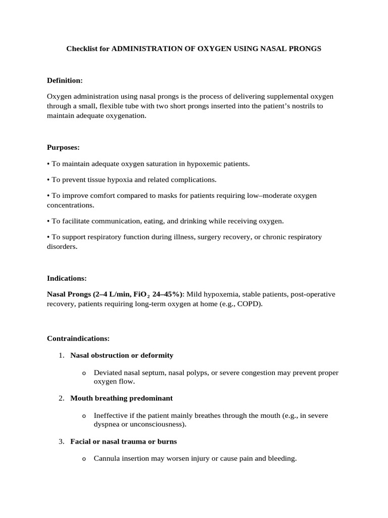 Checklist - Oxygen Administration - Nasal Prongs, Face Mask, Venturi ...