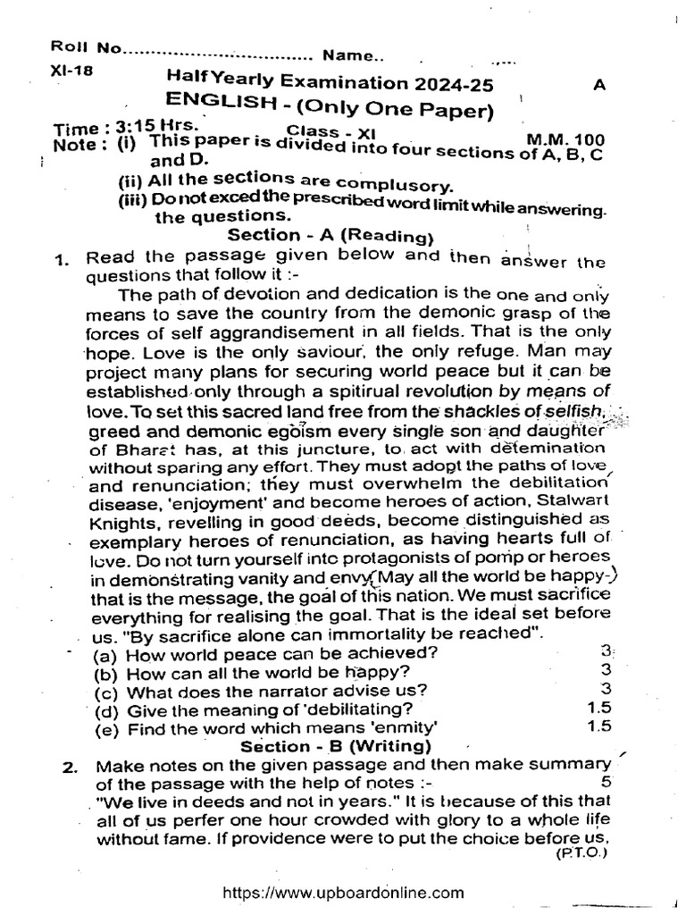 Up Board Class 11 Hy English Xi 18 Set A 060125 2025 | PDF