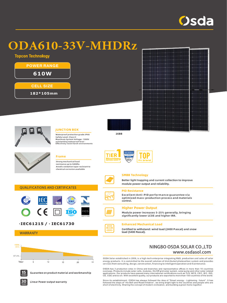 1 - Osda Oda610-33v-Mhdrz 610w Bifacial - Datasheet | PDF | Energy ...