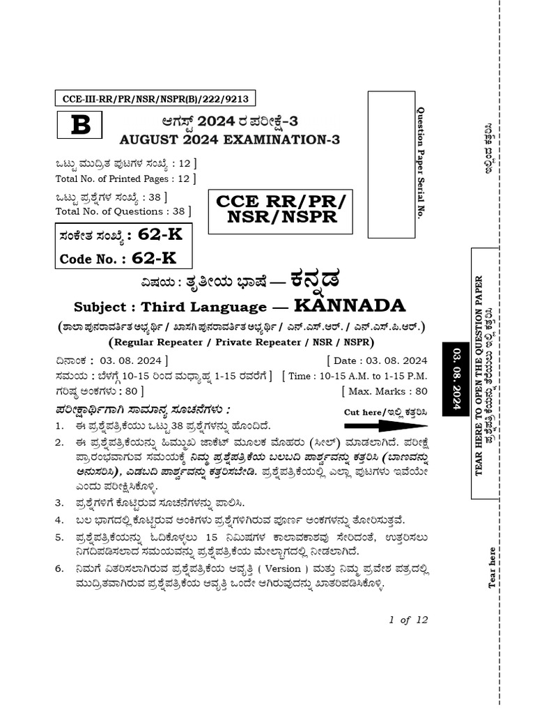 Karnataka SSLC Exam August 2024 Kannada Question Paper (Third Language ...