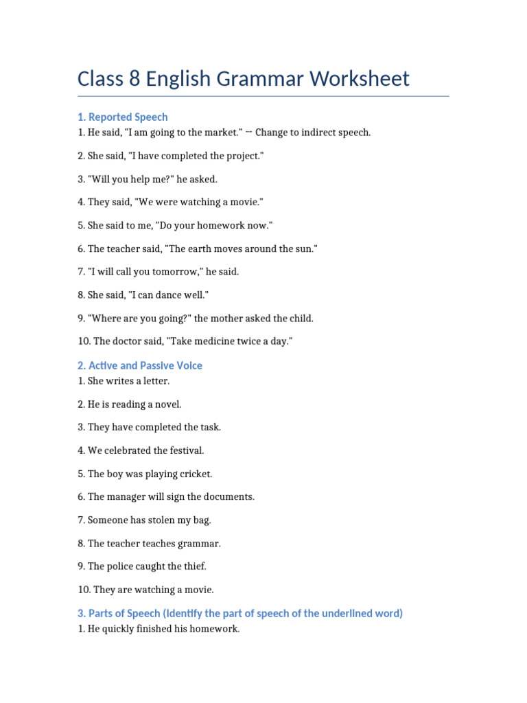 Class 8 English Grammar Exercises | PDF | Linguistics | Syntax