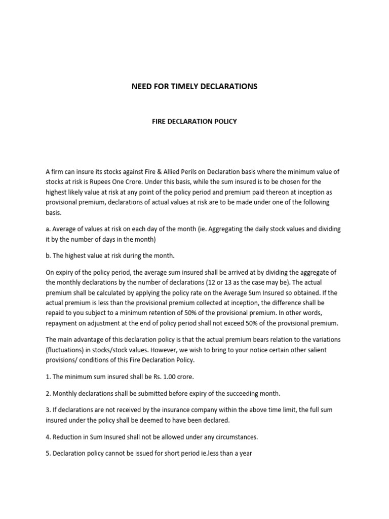 Fire Declaration Policy Guidelines | PDF | Insurance | Stocks