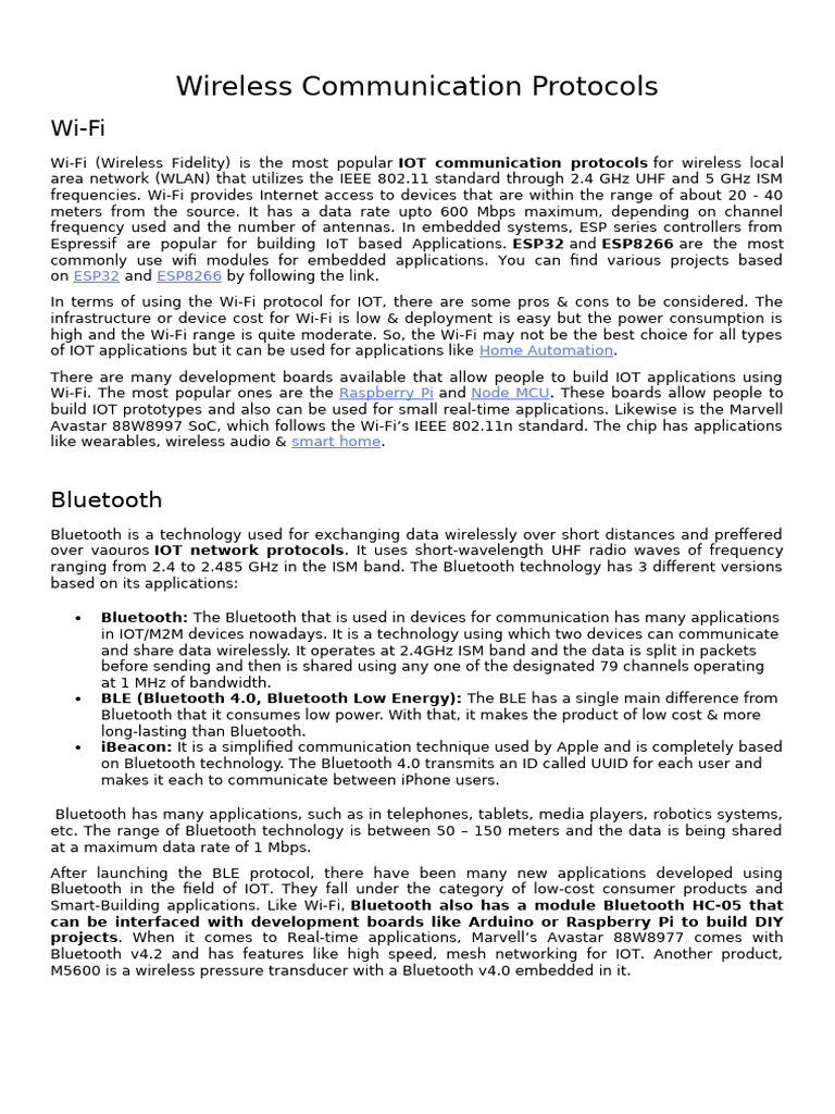 Overview of Wireless IoT Protocols | PDF | Wi Fi | Bluetooth