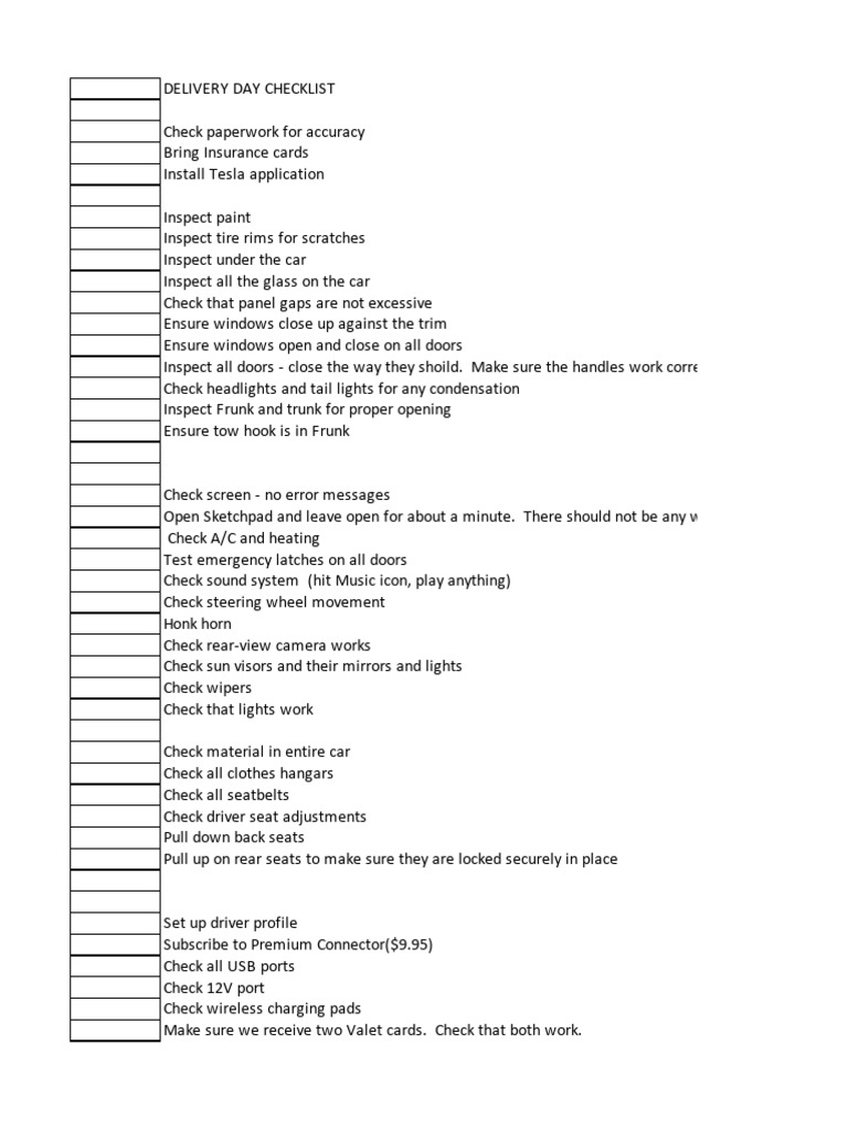 Tesla Delivery Day Checklist | PDF