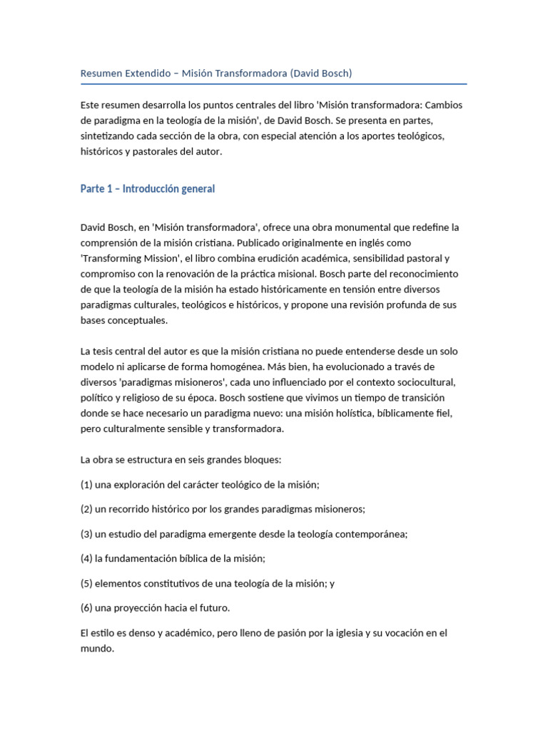 Resumen de "Misión Transformadora" de Bosch | PDF | Teología | Misionero