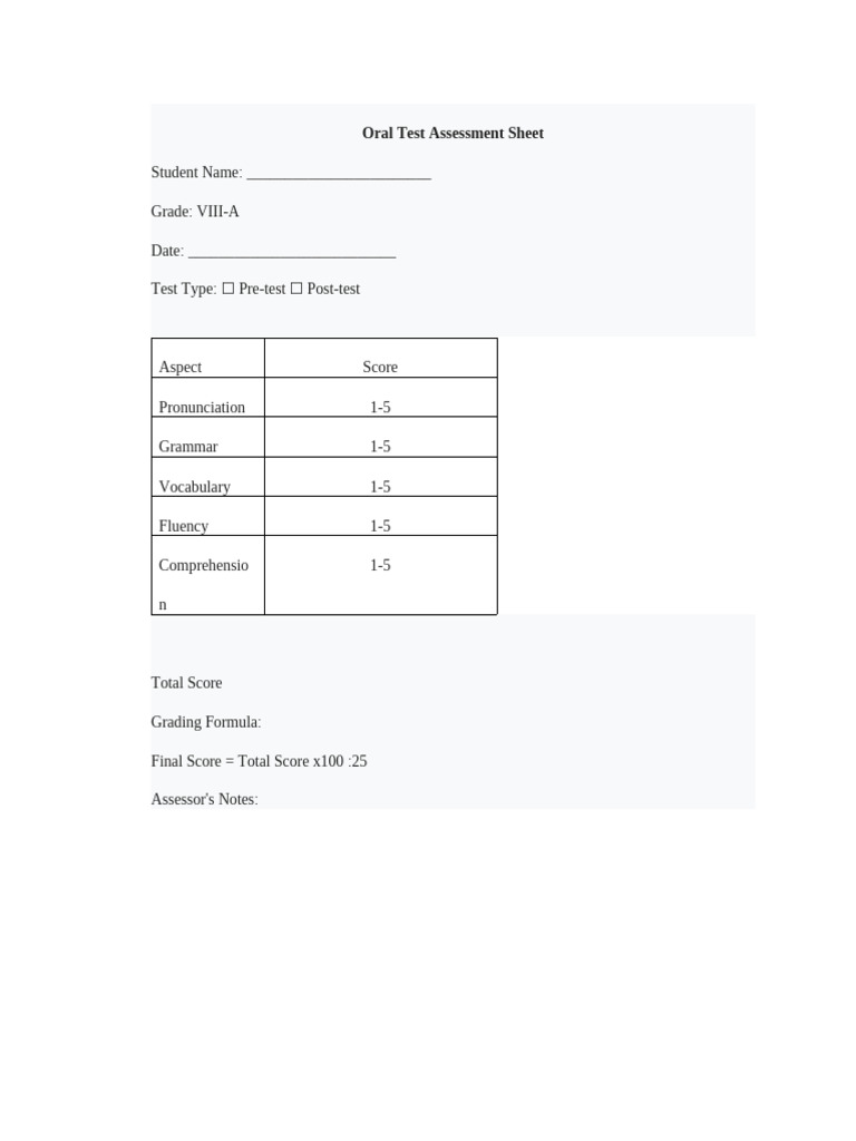 Oral Test Assessment Sheet for Grade VIII-A | PDF