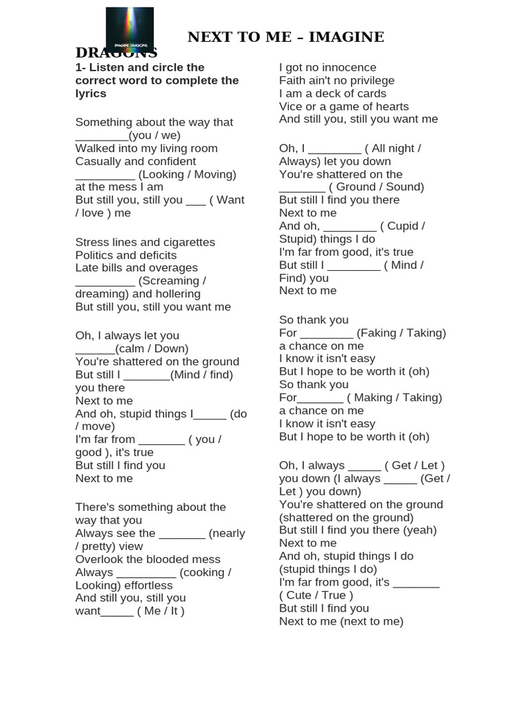 Next to Me Lyrics Activity | PDF