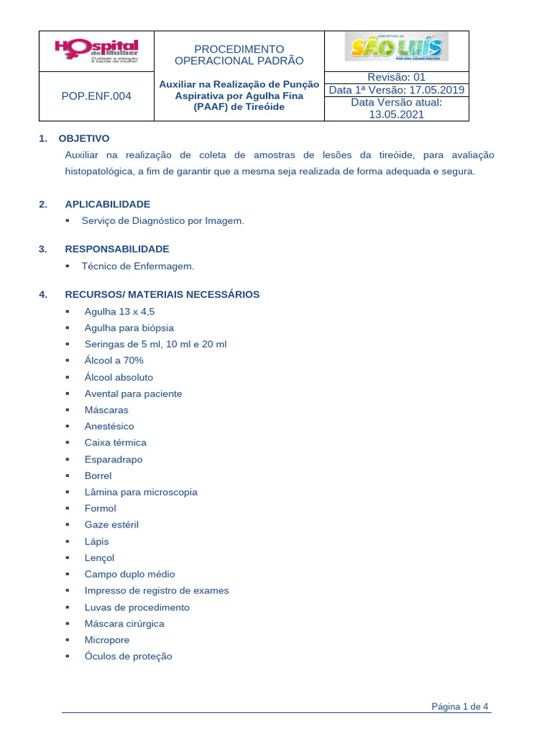 POP. ENF. 004 Auxiliar Na Realização de Punção Aspirativa Por Agulha ...