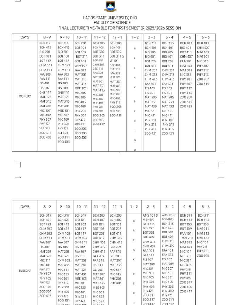 Final 2025 - 2026 First Semester Lecture Time-Table - Phoenix | PDF
