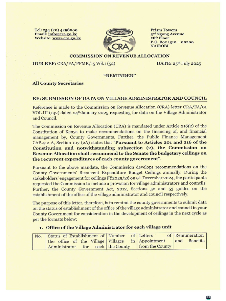 Submission of Data On Village Administrator and Council | PDF