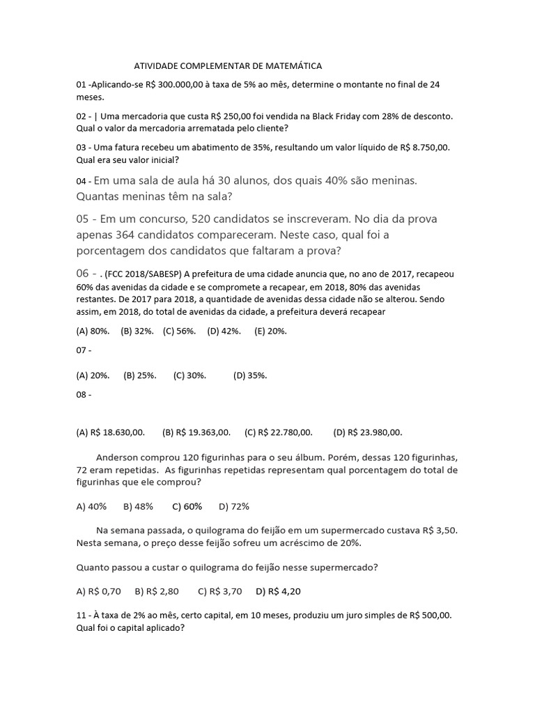 Atividade Complementar de Matemática 9 Ano | PDF