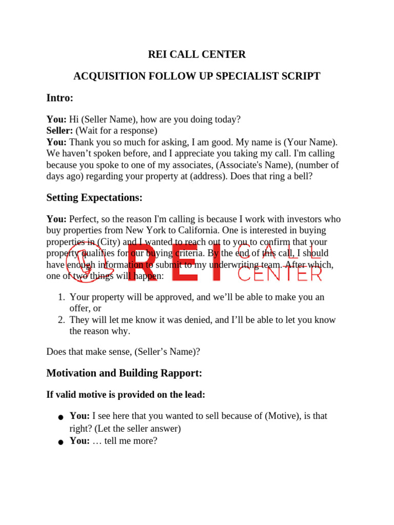 Rei Call Center - Acq Fu Script | PDF